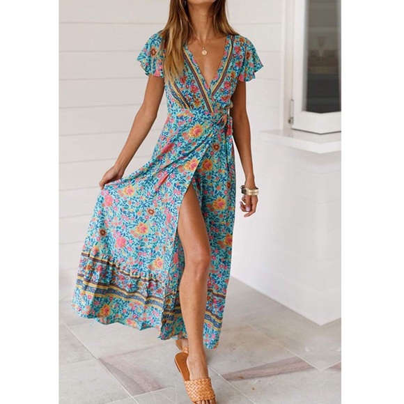 Dresses | Blue Boho Maxi Belted Dress | Poshmark